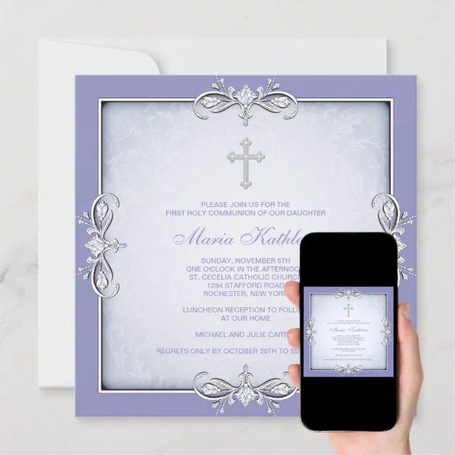 Purple Damask Cross Girls Purple First Communion Invitation | Zazzle