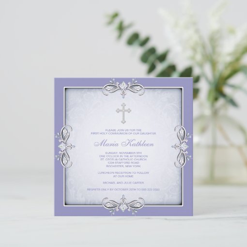 Purple Damask Cross Girls Purple First Communion Invitation | Zazzle