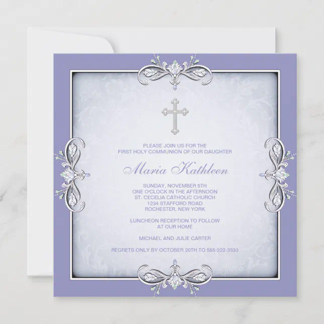 Purple Damask Cross Girls Purple First Communion Invitation | Zazzle