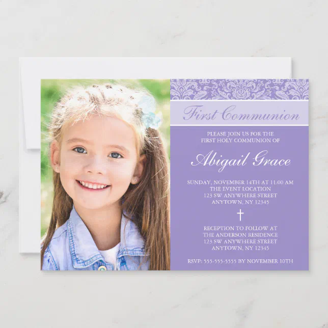 Purple Damask Girl Photo First Communion Invitation | Zazzle