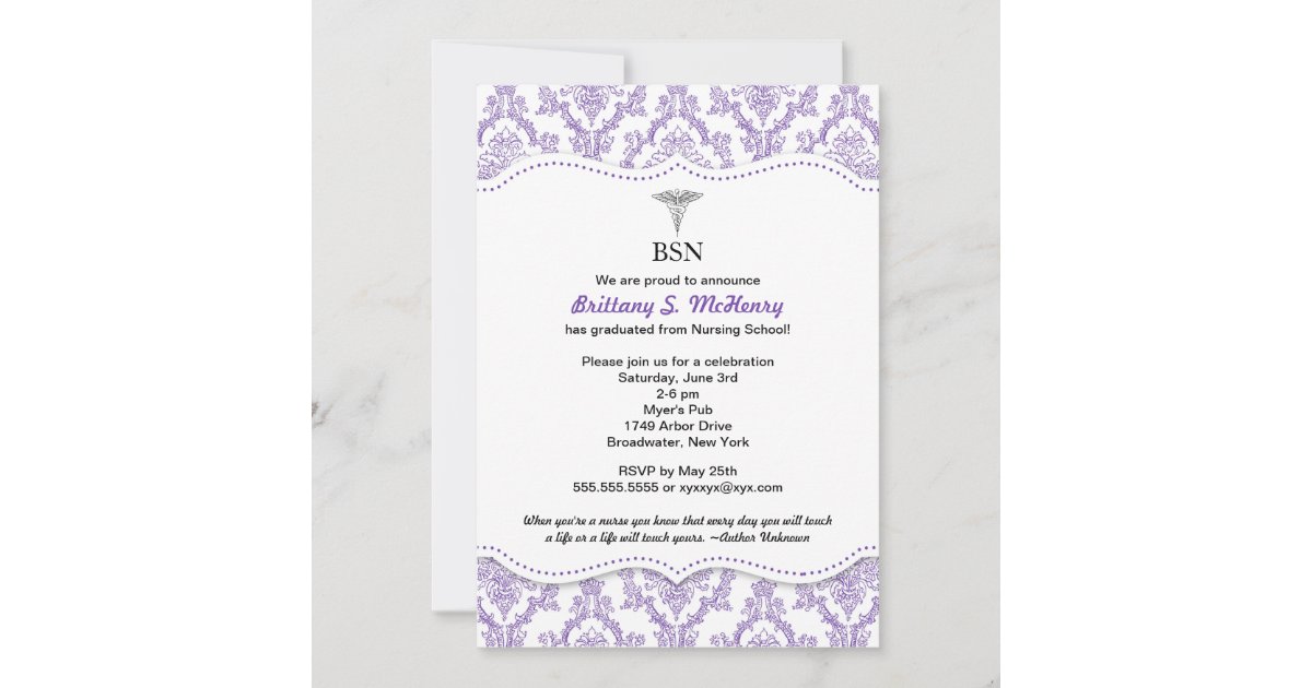 Purple Damask Nurse graduation pinning invites | Zazzle