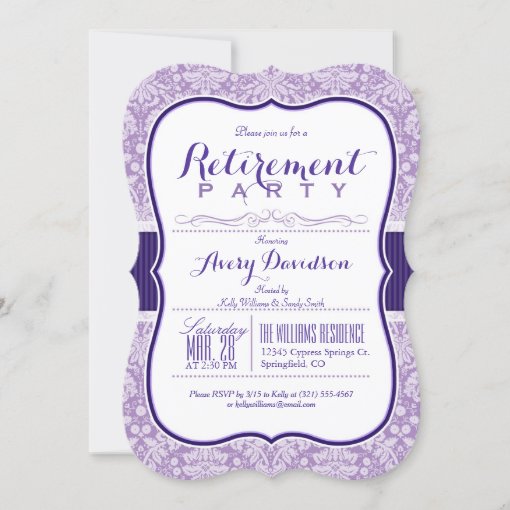 Purple Damask Pattern; Elegant Retirement Party Invitation | Zazzle