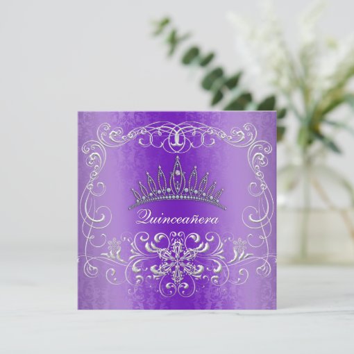 Purple Damask Quinceanera Diamond Tiara Invite | Zazzle