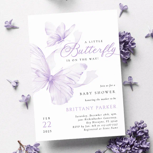 Purple Delicate Butterfly Baby Shower Invitation | Zazzle