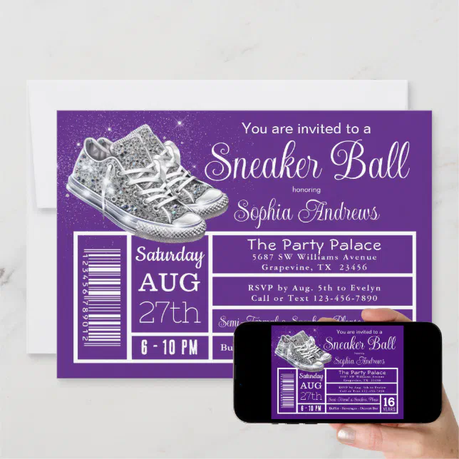 Purple Diamond Sneaker Ball Birthday Party Invitation | Zazzle