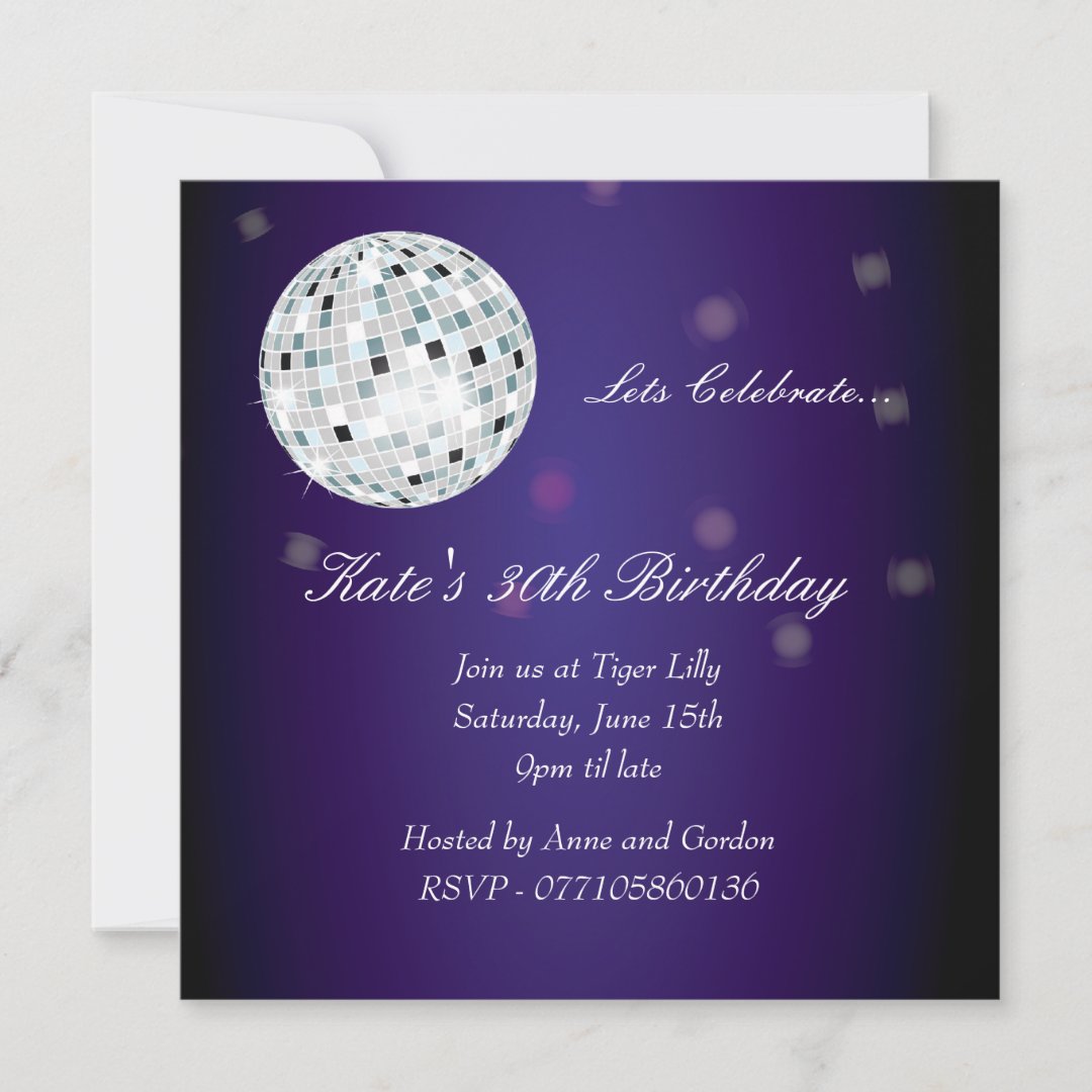 Purple Disco Ball Birthday Party Invitation | Zazzle