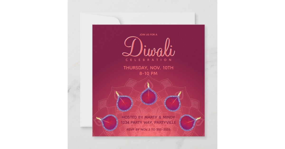 Purple Diyas on Rangoli Invitation | Zazzle