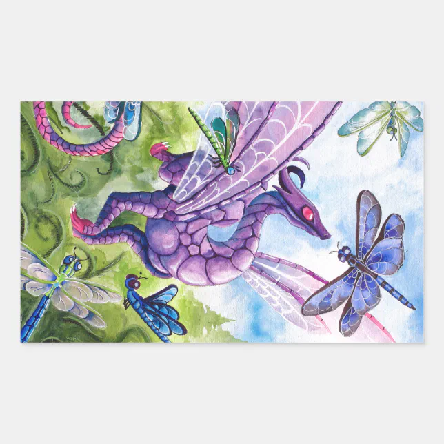 Purple Dragon Dragonfly spring artwork Rectangular Sticker | Zazzle