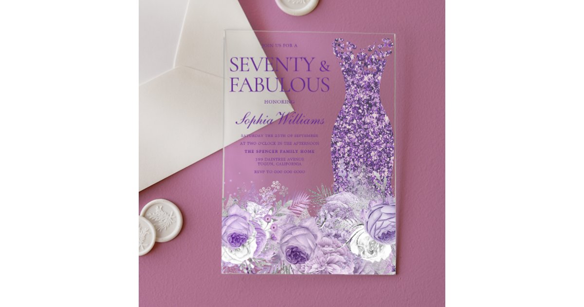 Purple Dress Floral Seventy Fabulous 70th Birthday Acrylic Invitations ...