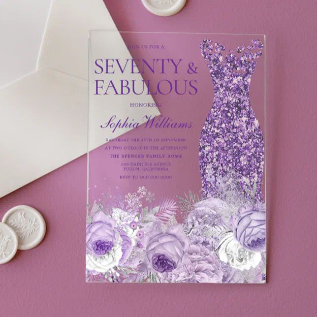 Purple Dress Floral Seventy Fabulous 70th Birthday Acrylic Invitations ...