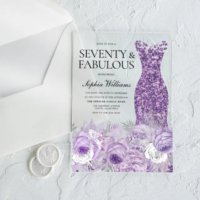 Purple Dress Seventy & Fabulous 70th Birthday Acrylic Invitations | Zazzle