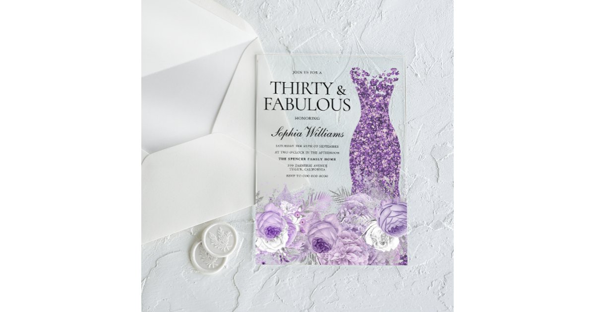 Purple Dress Thirty & Fabulous 30th Birthday Acrylic Invitations | Zazzle