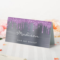 Purple Dripping Glitter Silver Metallic Business Table Tent Sign | Zazzle
