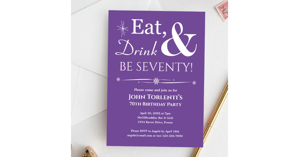 Purple Eat Drink Seventy 70th Birthday Mid Mod Invitation | Zazzle