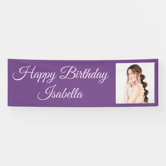 Purple Elegant Script Photo Happy Birthday Banner | Zazzle