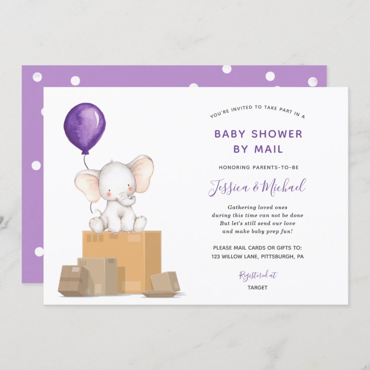 Purple Elephant Baby Shower by Mail invitation | Zazzle