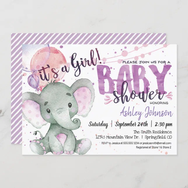 Purple Elephant Baby Shower girl invitation | Zazzle