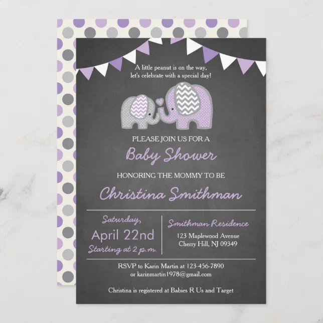 Purple Elephant Baby Shower Invitation | Zazzle