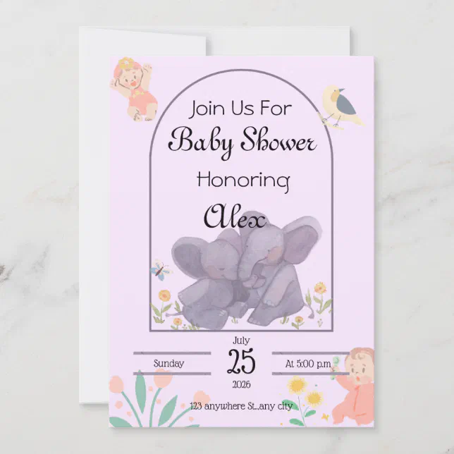 Purple Elephant Baby Shower Invitation | Zazzle