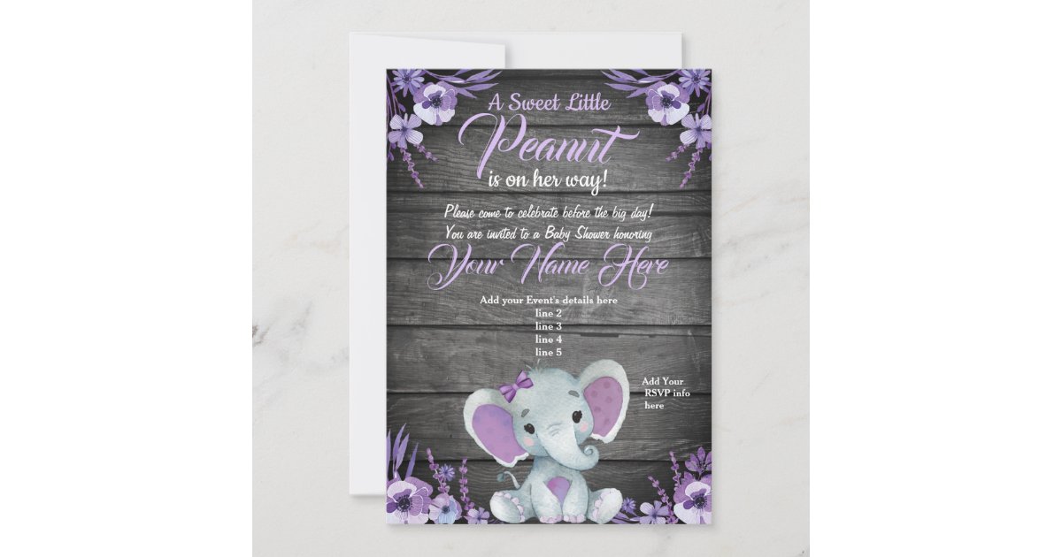 Purple Elephant Baby shower invitation rustic | Zazzle