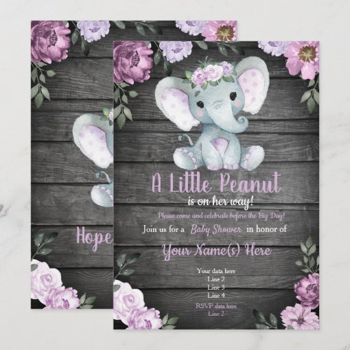 Purple Elephant Baby Shower invitation, rustic Invitation | Zazzle