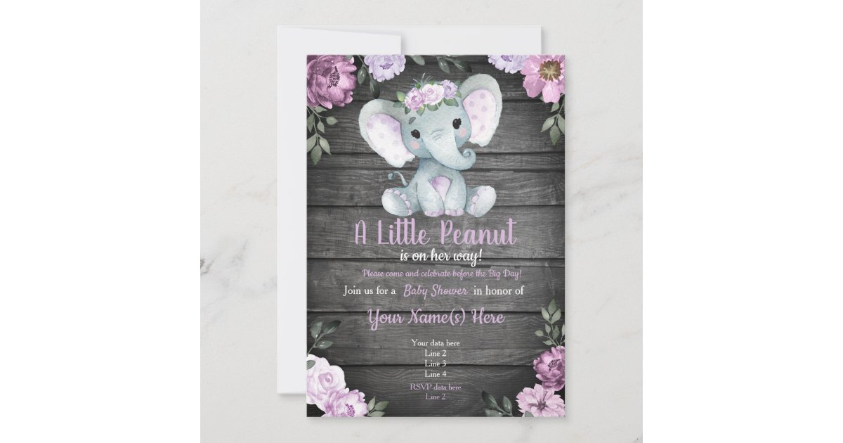 Purple Elephant Baby Shower invitation, rustic Invitation | Zazzle