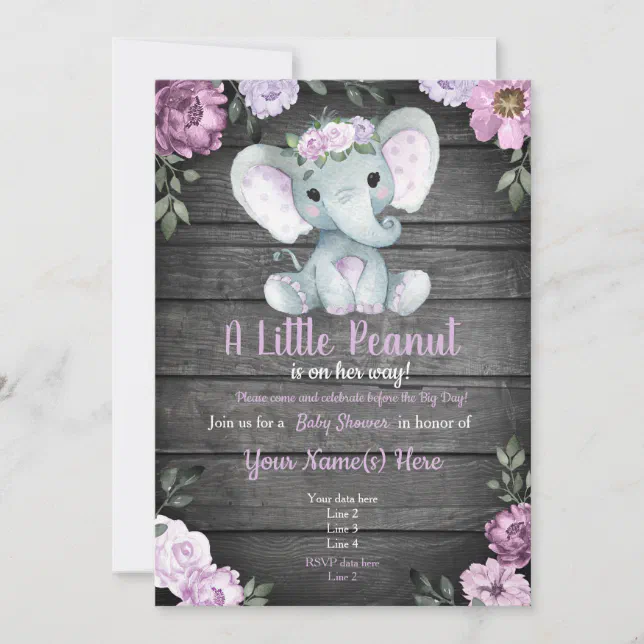 Purple Elephant Baby Shower invitation, rustic Invitation | Zazzle