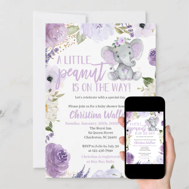 Purple Elephant Baby Shower Invitations for a Girl | Zazzle