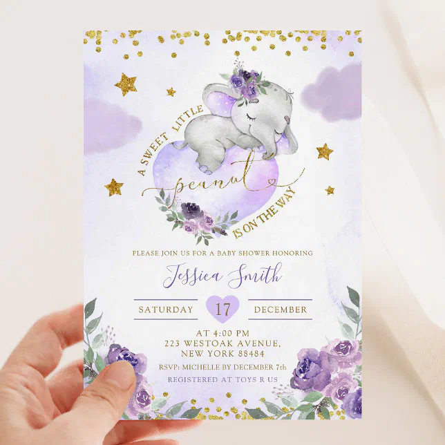 Purple Elephant Dreamy Little Peanut Baby Shower Invitation | Zazzle