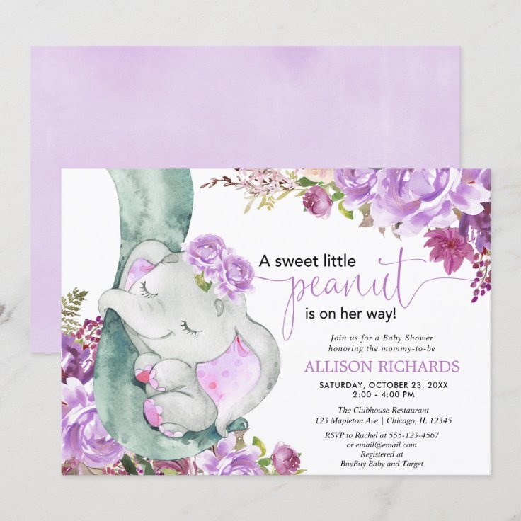 Purple elephant girl floral baby shower invitation | Zazzle