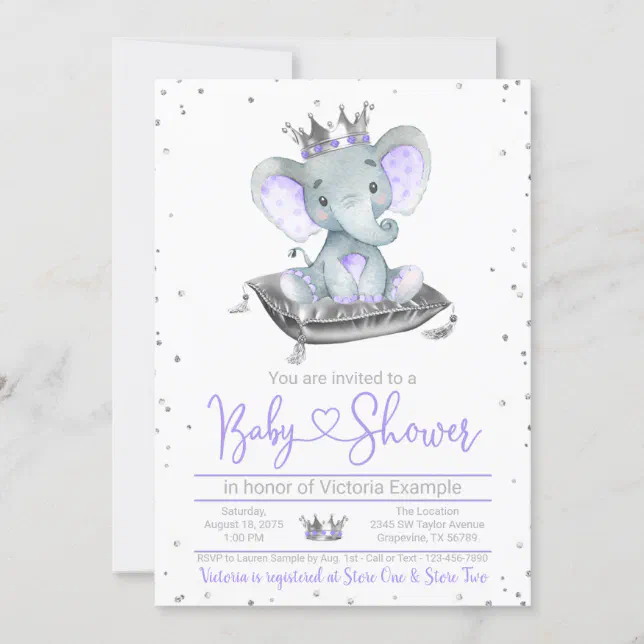 Purple Elephant Princess Baby Shower Invitation | Zazzle
