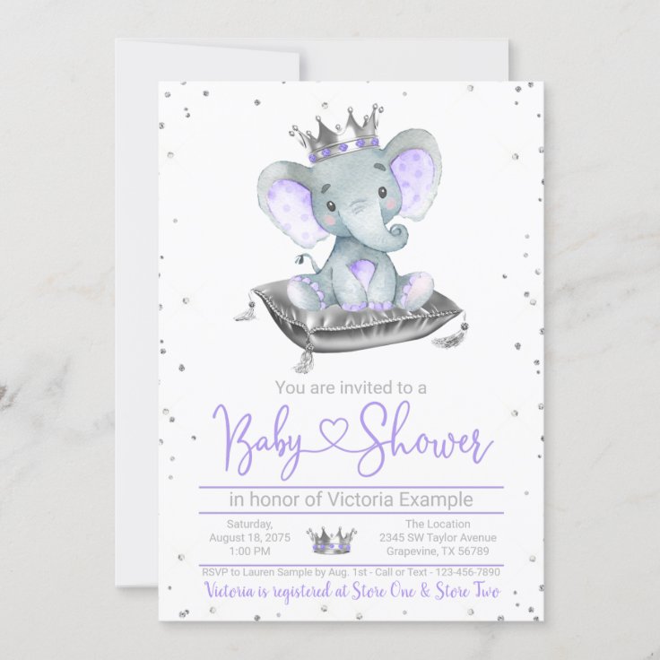 Purple Elephant Princess Baby Shower Invitation | Zazzle