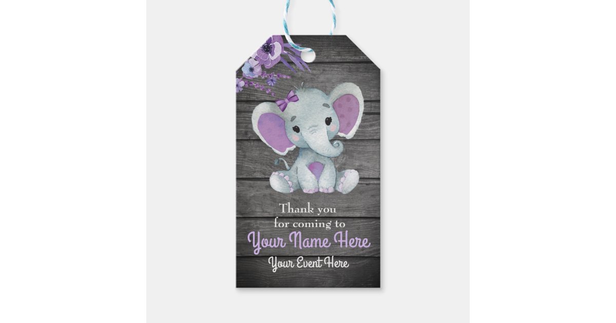 Purple Elephant Thank You Tag Rustic Flowers | Zazzle