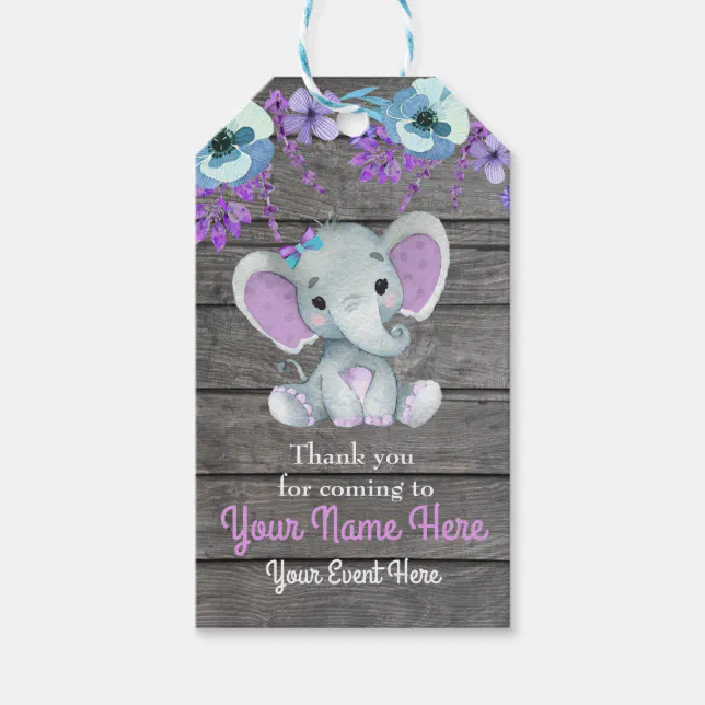 Purple Elephant Thank You Tag Rustic Flowers | Zazzle