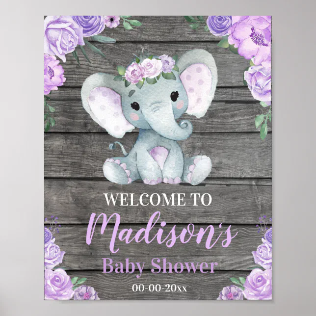 Purple Elephant Welcome Sign, Girl Roses Shower Poster | Zazzle