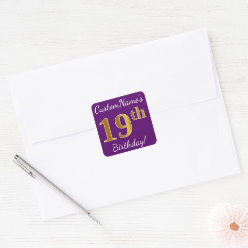 Purple, Faux Gold 19th Birthday + Custom Name Square Sticker | Zazzle