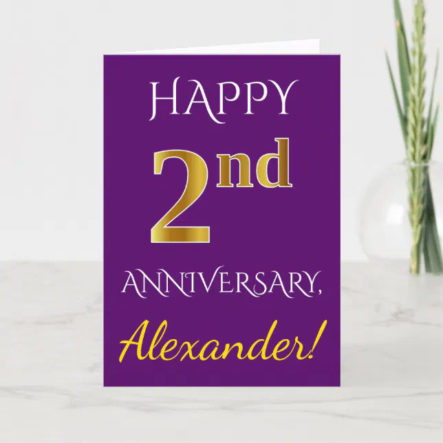 Purple, Faux Gold 2nd Wedding Anniversary + Name Card | Zazzle