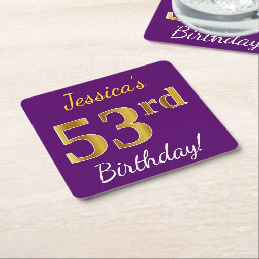 Purple, Faux Gold 53rd Birthday + Custom Name Square Paper Coaster | Zazzle