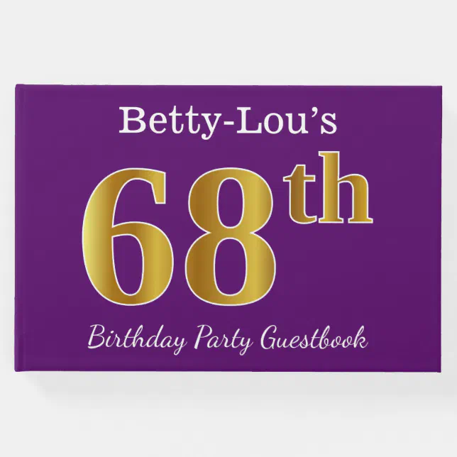 Purple, Faux Gold 68th Birthday Party; Custom Name Guest Book | Zazzle