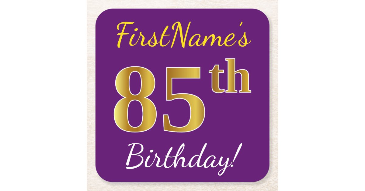 Purple, Faux Gold 85th Birthday + Custom Name Square Paper Coaster | Zazzle