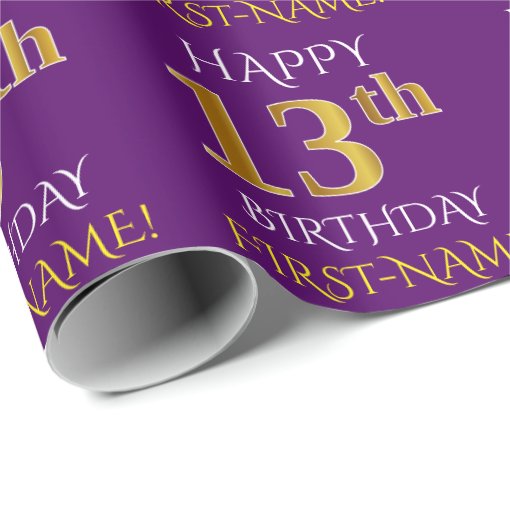 Purple, Faux Gold "HAPPY 13th BIRTHDAY" Wrapping Paper | Zazzle
