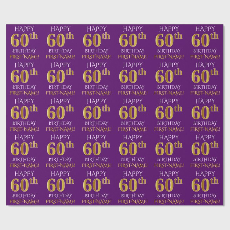 Purple, Faux Gold "HAPPY 60th BIRTHDAY" Wrapping Paper | Zazzle