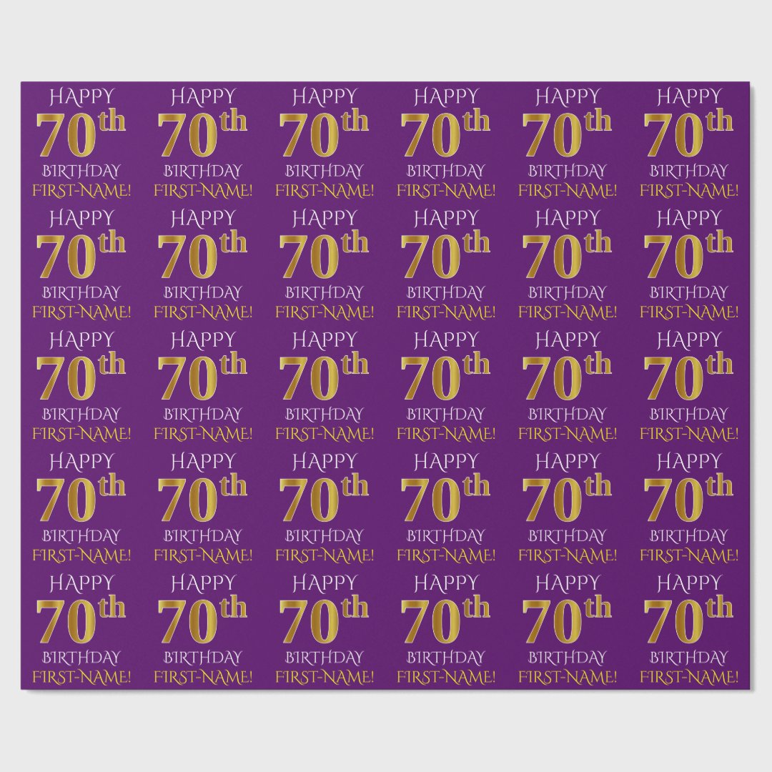 Purple, Faux Gold "HAPPY 70th BIRTHDAY" Wrapping Paper | Zazzle