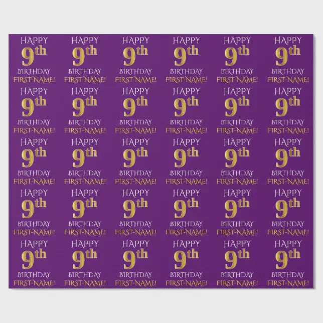 Purple, Faux Gold "HAPPY 9th BIRTHDAY" Wrapping Paper | Zazzle
