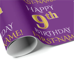 Purple, Faux Gold "HAPPY 9th BIRTHDAY" Wrapping Paper | Zazzle