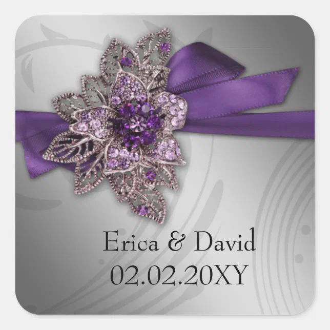 Purple FAUX ribbon vintage brooch Wedding Square Sticker | Zazzle