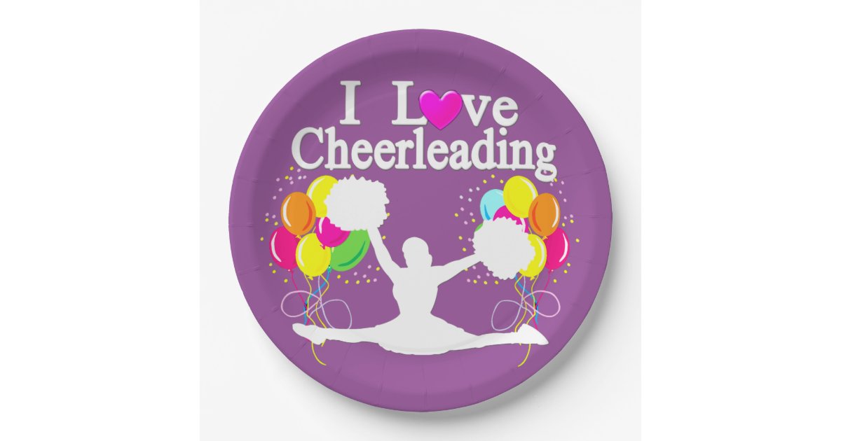 PURPLE FESTIVE I LOVE CHEERLEADING PAPER PLATES | Zazzle