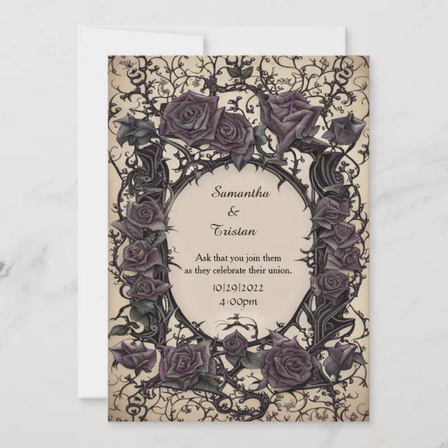 Purple Filigree and Thorn Roses Goth Wedding Invitation | Zazzle