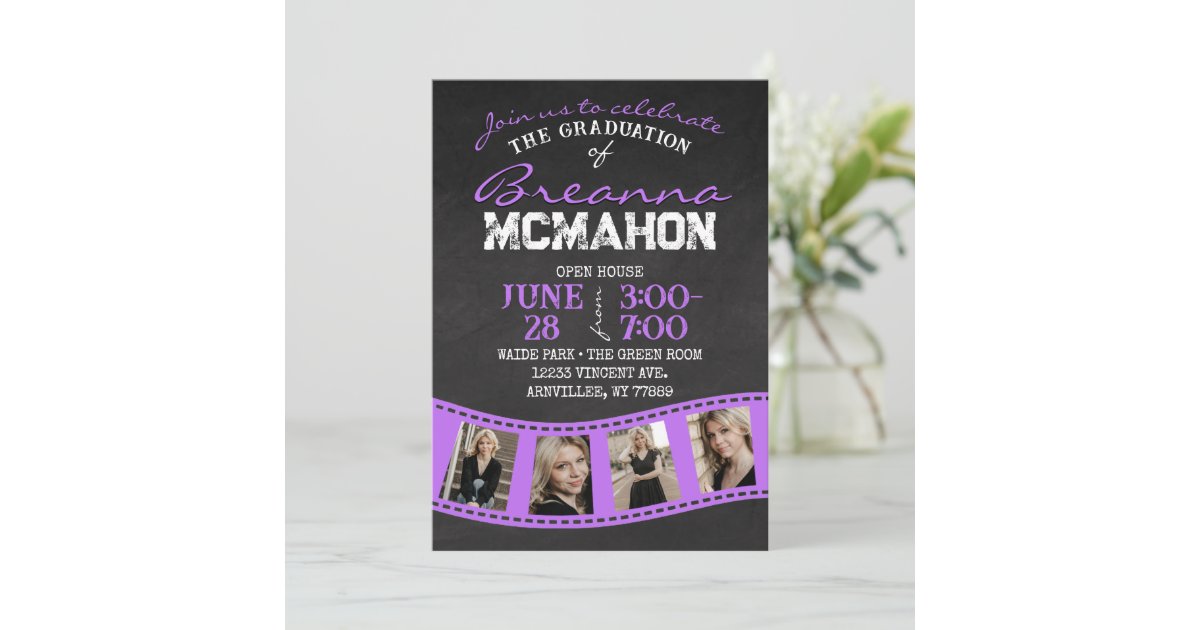 Purple Filmstrip Chalkboard Graduation Invitation | Zazzle