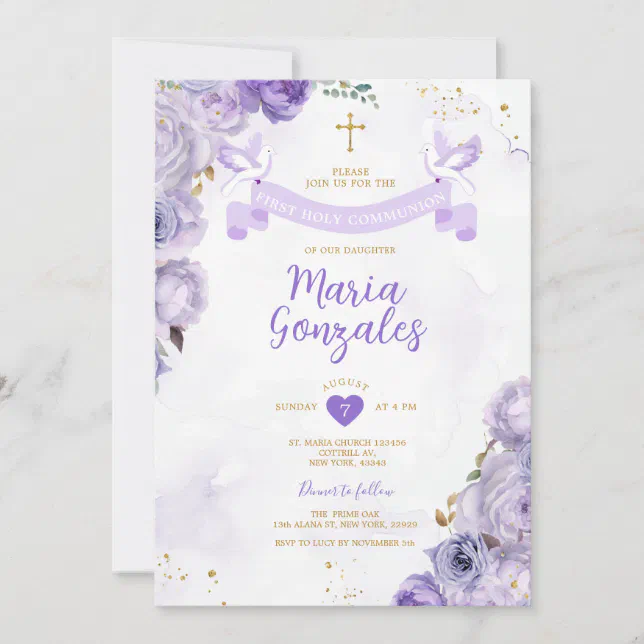 Purple First Holy Communion Cross Butterfly Floral Invitation | Zazzle